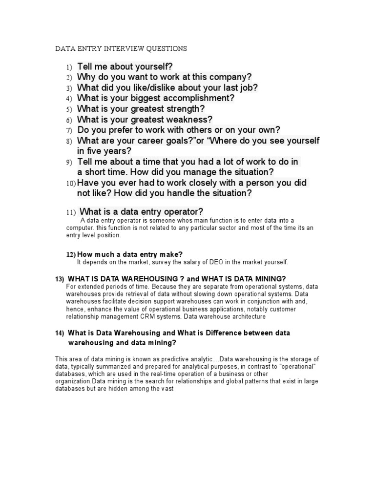 Data Entry Interview Questions Pdf Data Warehouse Customer Relationship Management