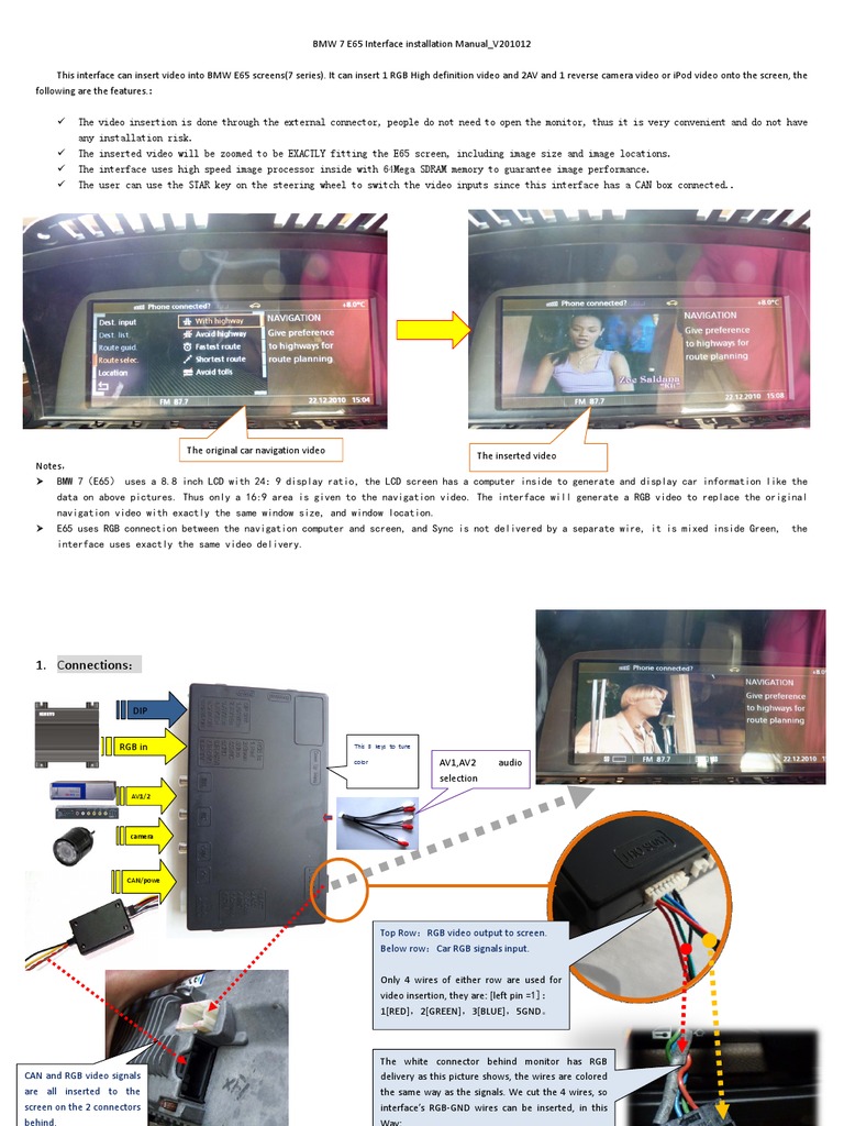 BMW 7 E65 Interface Installation Manual V201012 | PDF | Rgb Color Model | Electrical Connector