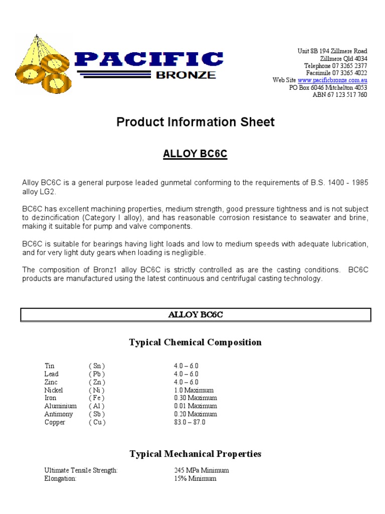 Product Information Sheet: Alloy Bc6C | PDF | Alloy | Lead
