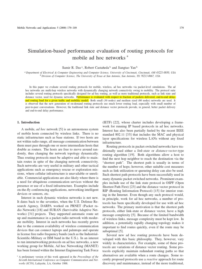 Simulation Based Performance Evaluation Of Routing Protocols For Mobile Ad Hoc Networks Pdf