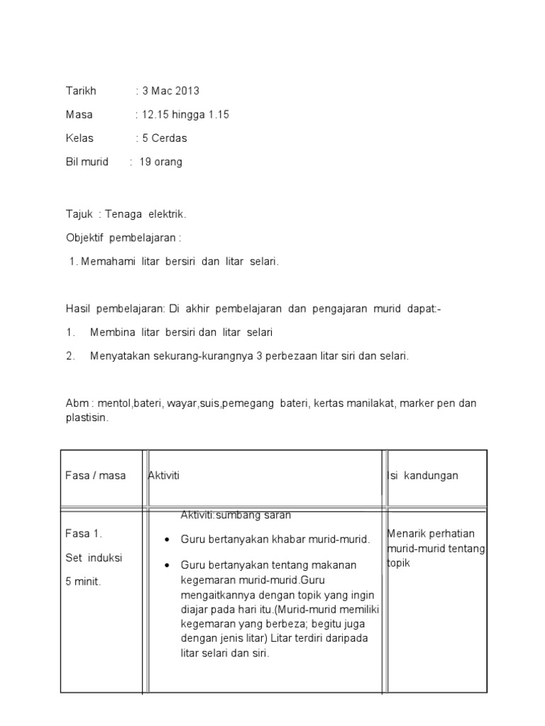 RPH Sains Tahun 5 Litar Siri Dan Selari | PDF