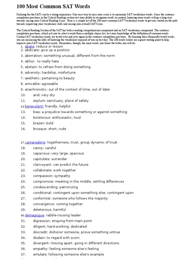 100 Most Common SAT Words | Download Free PDF | Sat | Vocabulary