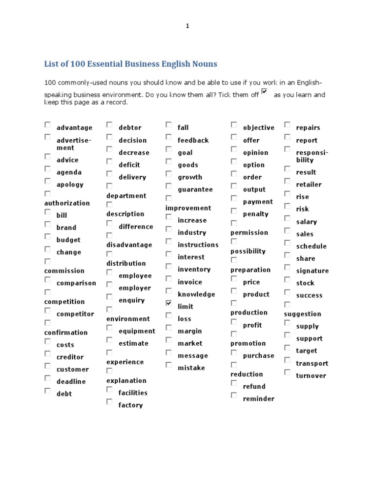 List of 100 Essential Business English Nouns | PDF | English Language ...