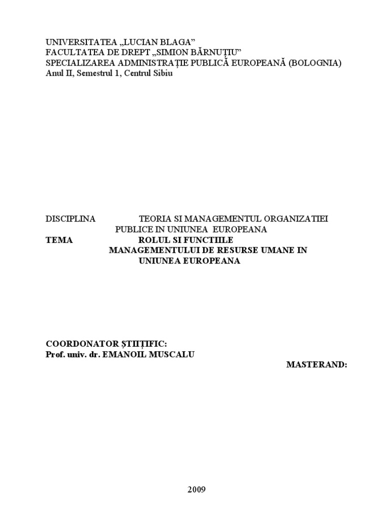 Rolul Si Functiile Managementului de Resurse Umane in UE | PDF