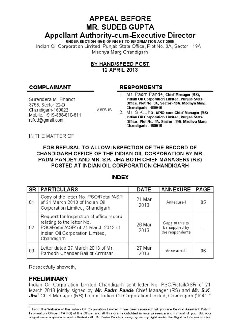 Right To Inspect Under RTI - First Appeal Against IOC Chandigarh | PDF ...