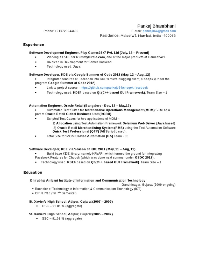 Resume Pankaj Bhambhani | PDF | Selenium (Software) | Python (Programming Language)