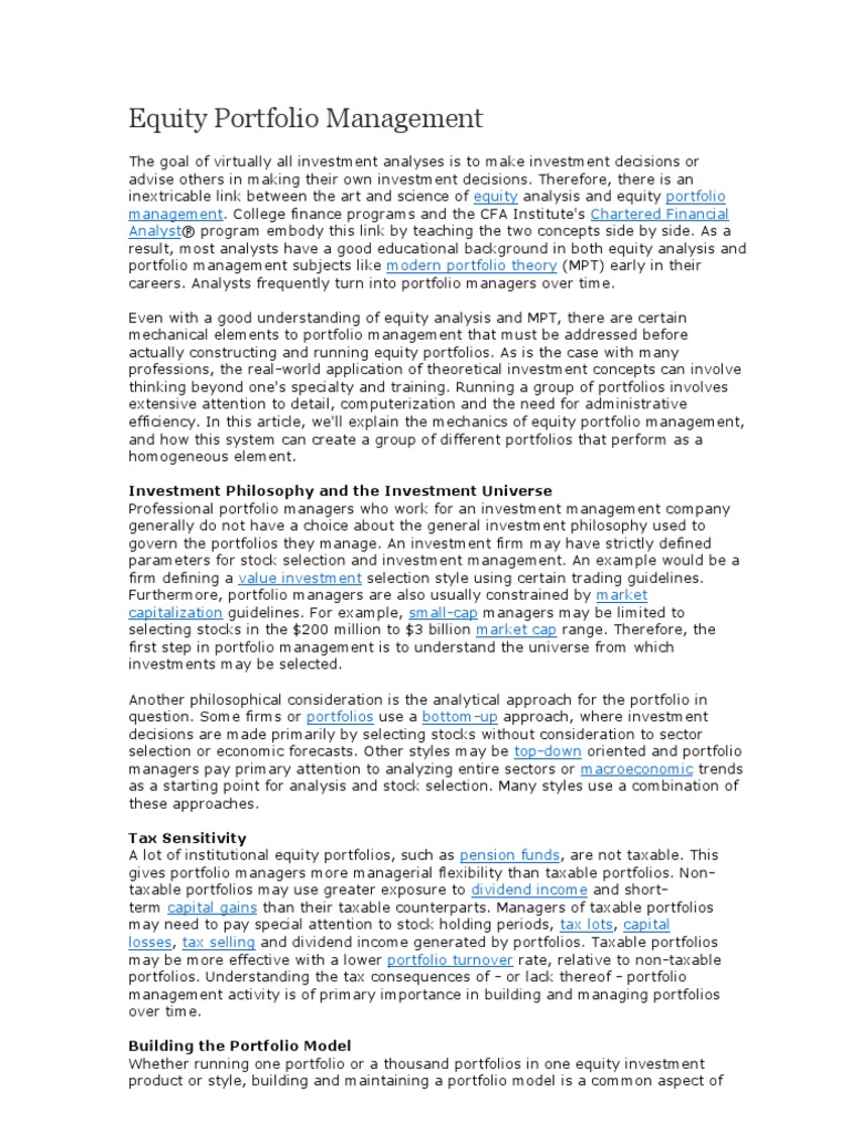 Equity Portfolio Management | PDF | Investment Management | Stocks