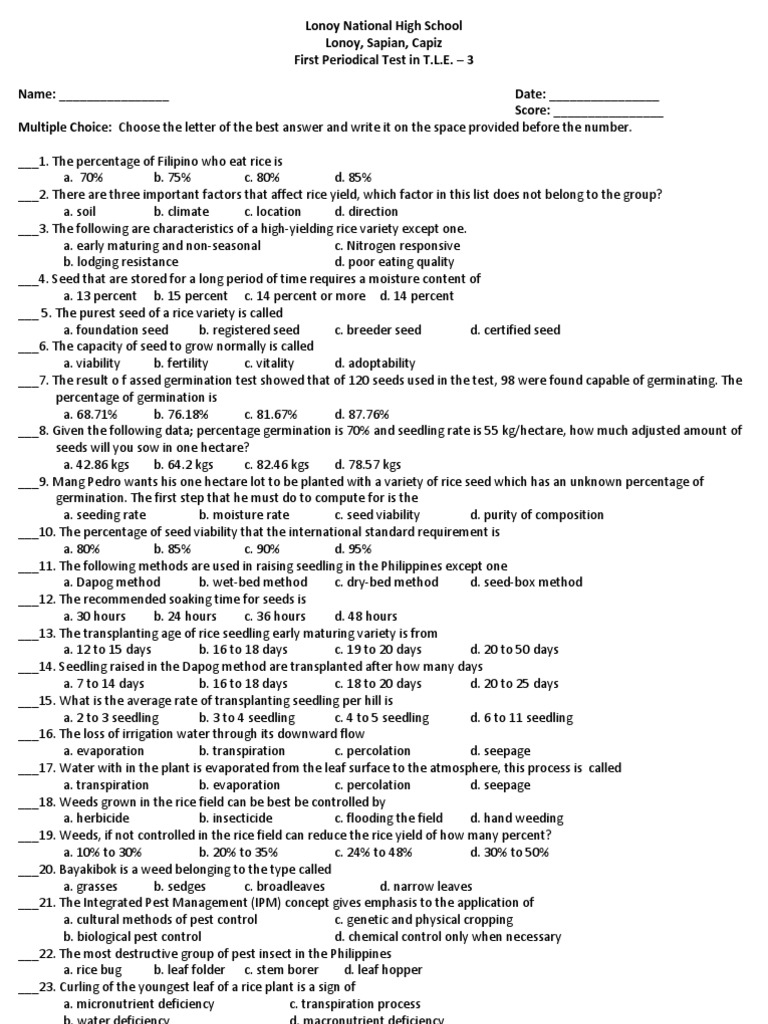 First Periodical Test in T.L.E. - 3 | PDF | Rice | Biological Pest Control
