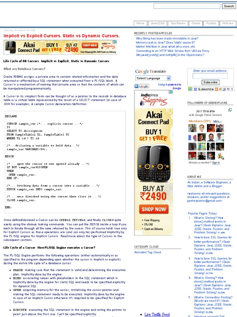 Implicit Vs Explicit Cursors. Static Vs Dynamic Cursors | PDF | Pl/Sql ...