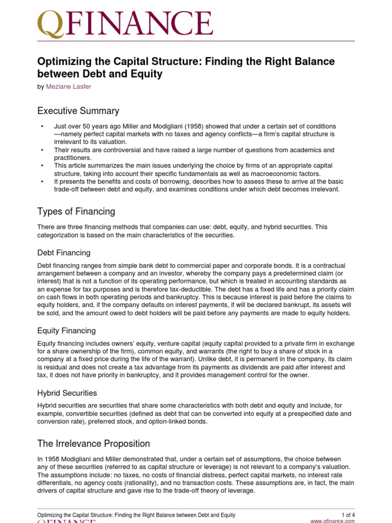 Optimizing The Capital Structure Finding The Right Balance Between Debt