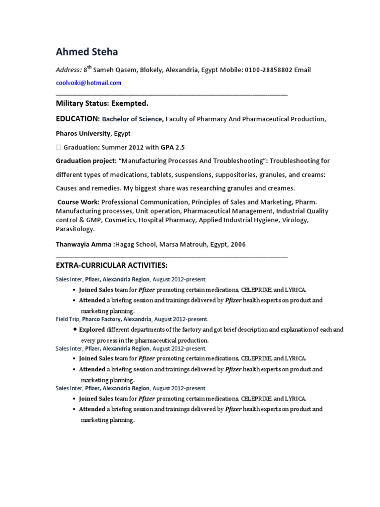 Resume Example | Pfizer | Pharmaceutical Drug