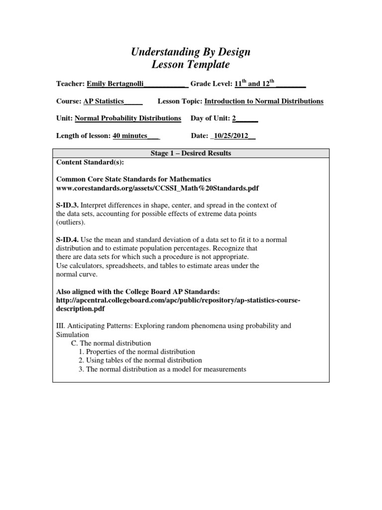 Ap Statistics Normal Curve Lesson Plan | PDF | Normal Distribution ...