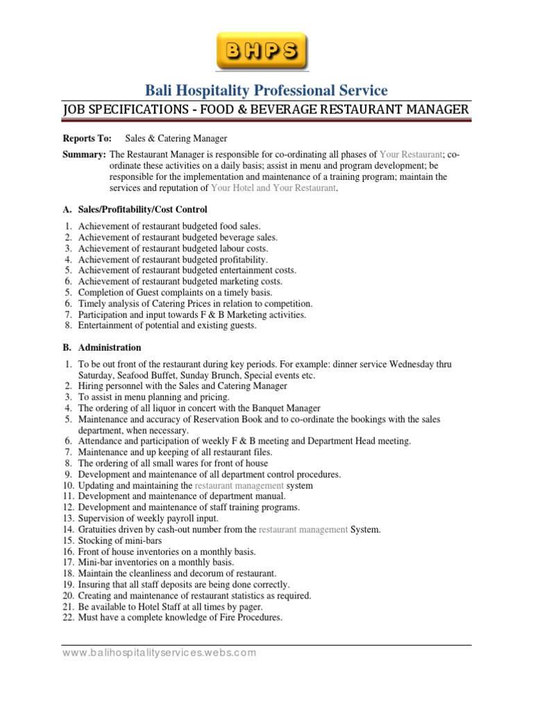 F&B Restaurant Manager Job Specification Template | PDF | Restaurants ...