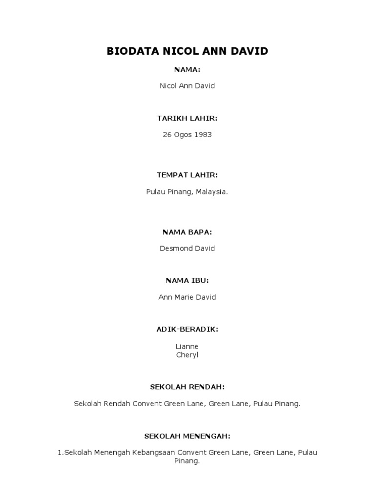 Biodata Nicol Ann David | PDF
