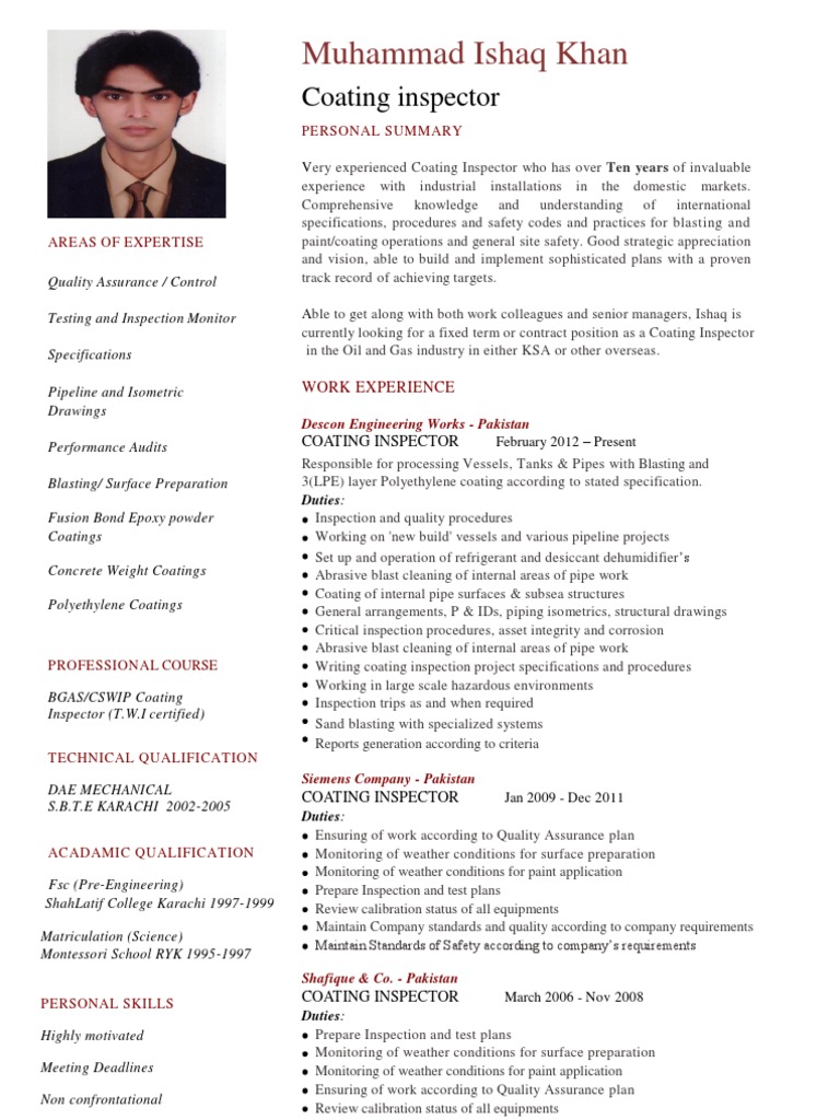 CV of Ishaq Khan (Coating Inspector) | PDF | Business