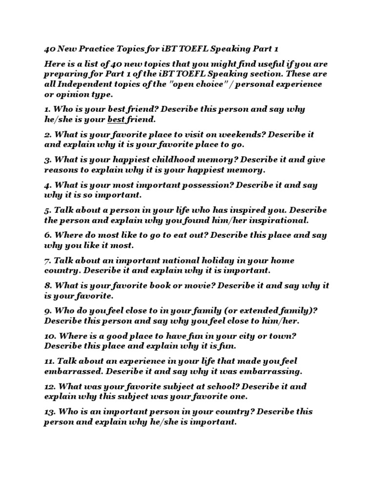 40 New Practice Topics For iBT TOEFL Speaking Part 1 | PDF