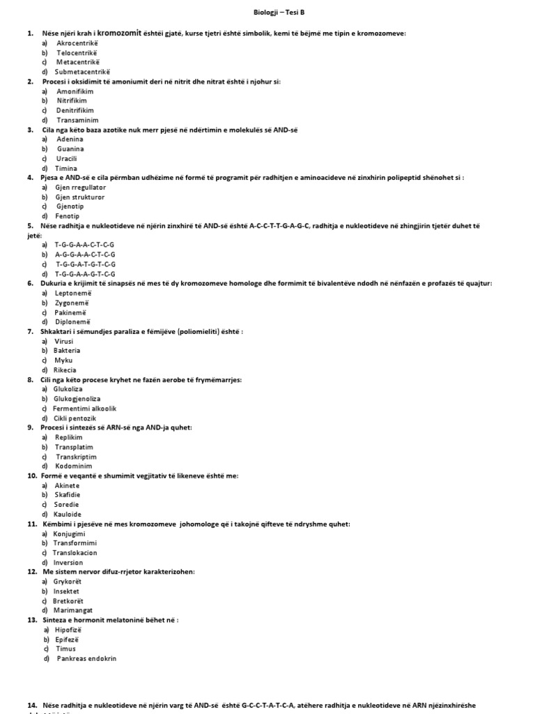 Testi BIOLOGJI Ne Mjeksi 2012 | PDF