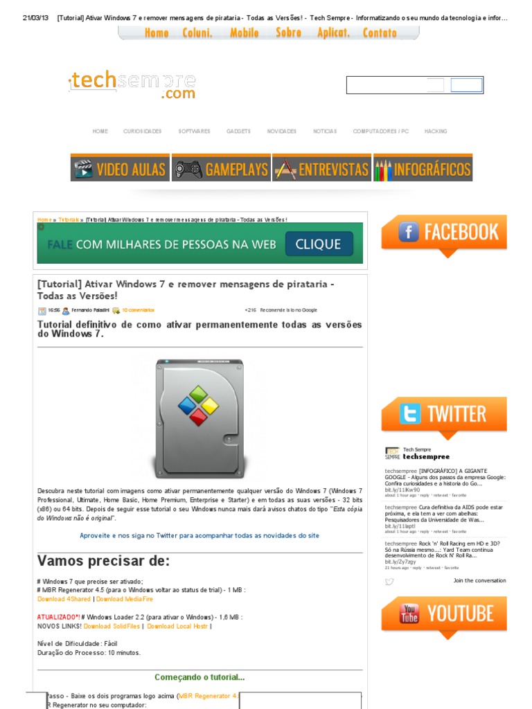 (Tutorial) Ativar Windows 7 e Remover Mensagens de Pirataria - Todas As ...