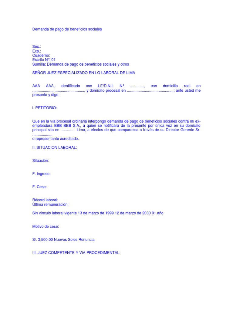 Demanda de Pago de Beneficios Sociales | PDF | Demanda judicial | Derecho laboral