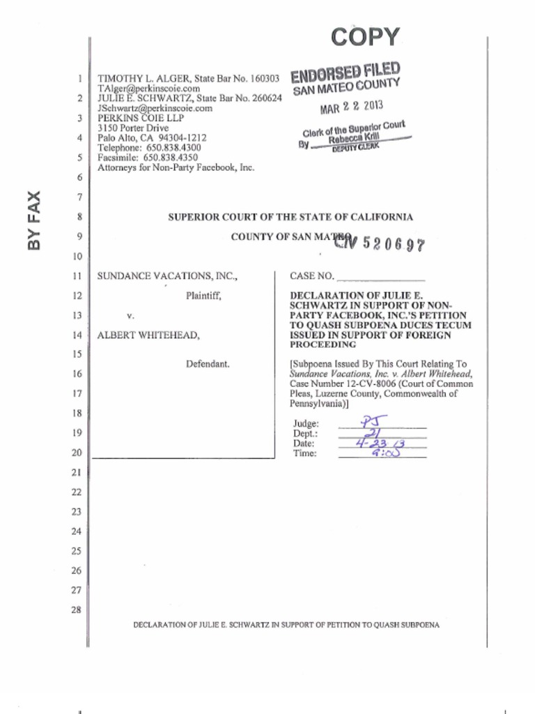 Facebook Declaration 1 | PDF | Deposition (Law) | Service Of Process