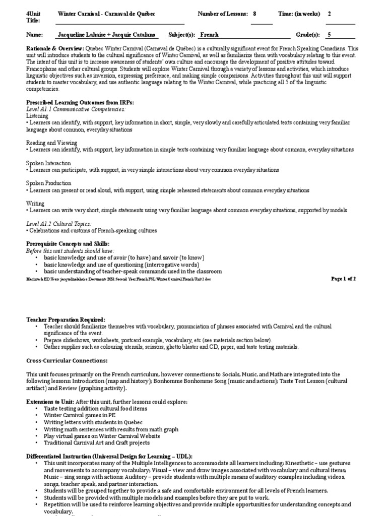 Winter Carnival French Unit 2 | PDF | Educational Assessment | Vocabulary