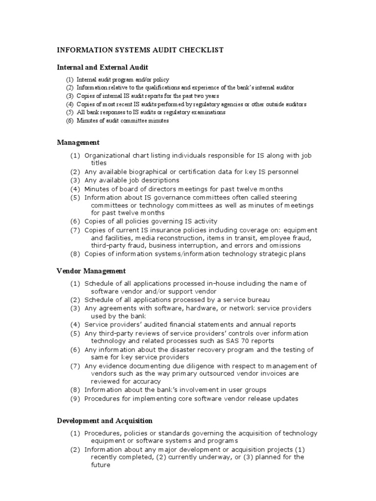 Information Systems Audit Checklist | PDF | Information Security ...