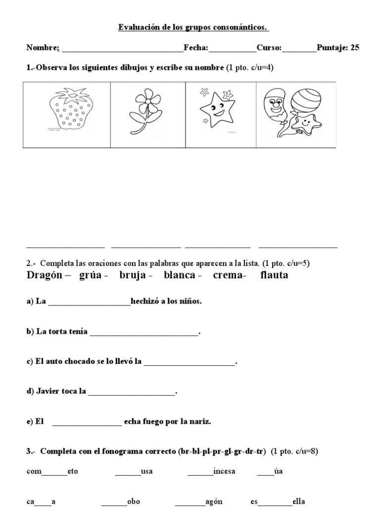 Evaluación de grupos consonanticos 2°B