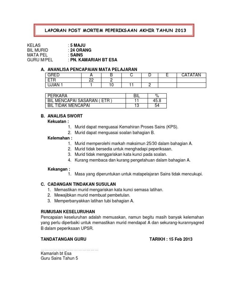 Laporan Post Mortem Peperiksaan Akhir Tahun 2013 | PDF