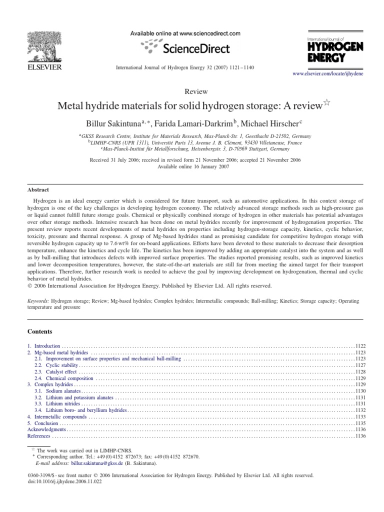Metal Hydride Materials For Solid Hydrogen Storage | PDF | Hydrogen ...