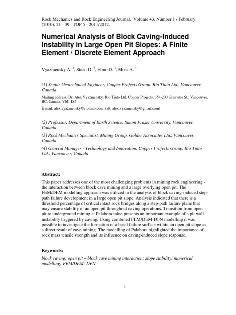 Numerical Analysis of Block Caving-Induced Instability in Large Open Pit Slopes WEB | PDF ...