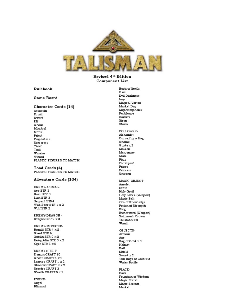 Talisman 4th Edition Component List | PDF | Magician (Fantasy) | Fantasy