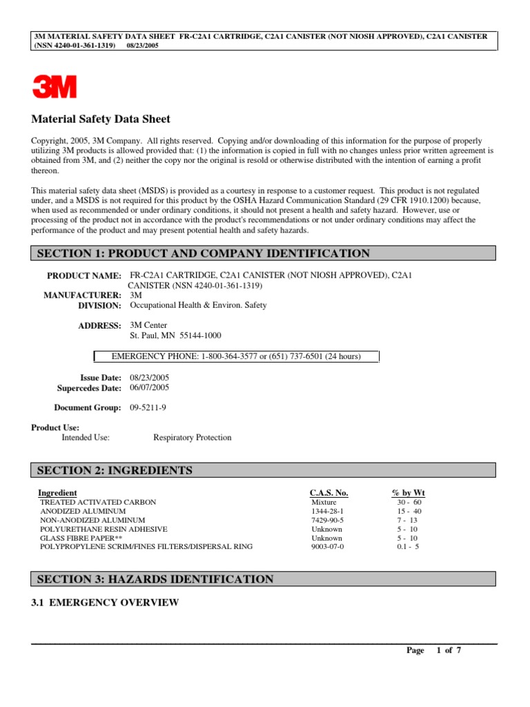 3m C2a1 Filter Msds | Download Free PDF | Volatile Organic Compound | Personal Protective Equipment