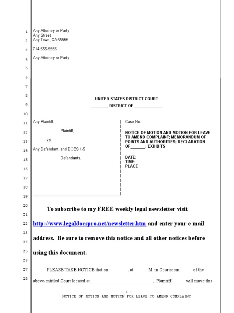 Sample Motion For Leave To Amend Complaint in United States District ...