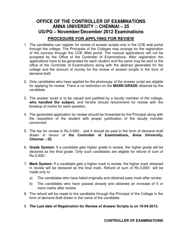 Office of The Controller of Examinations Anna University:: Chennai - 25 ...