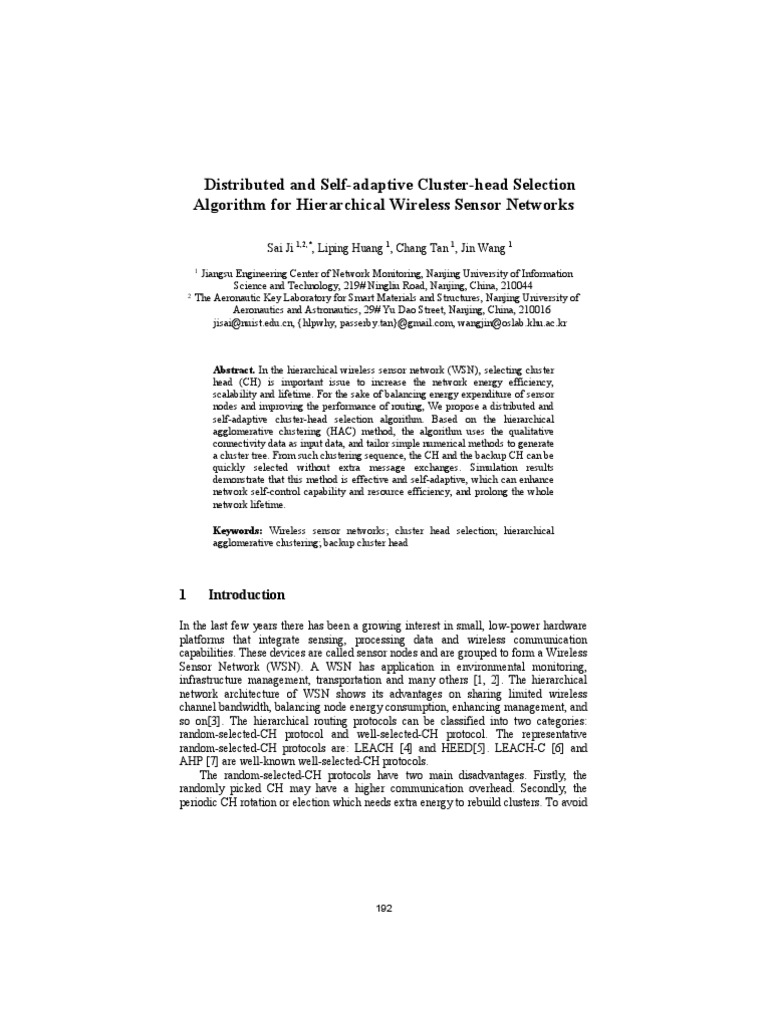 Distributed and Self-Adaptive Cluster-Head Selection Algorithm For Hierarchical Wireless Sensor ...