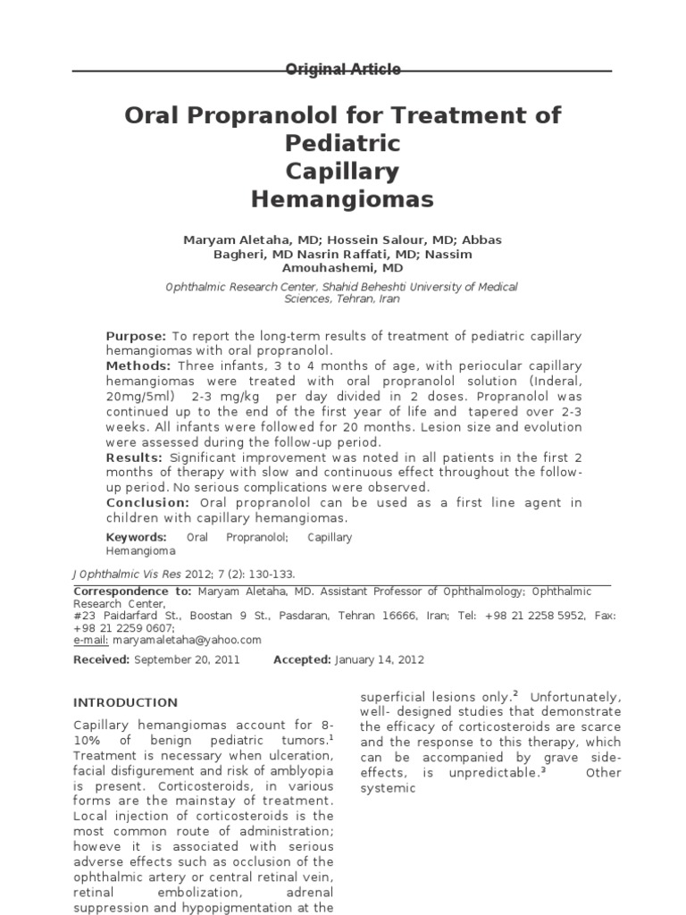 Oral Propranolol For Treatment of Pediatric Capillary Hemangiomas | PDF ...