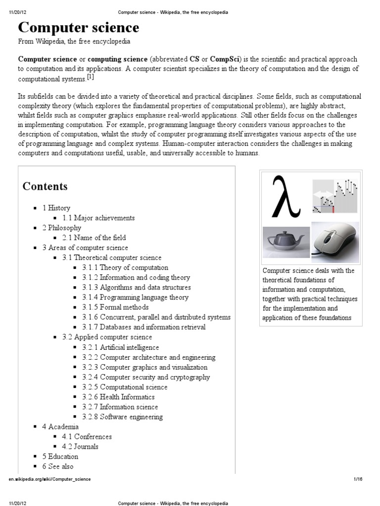 Computer Science - Wikipedia, The Free Encyclopedia | Computer Science ...