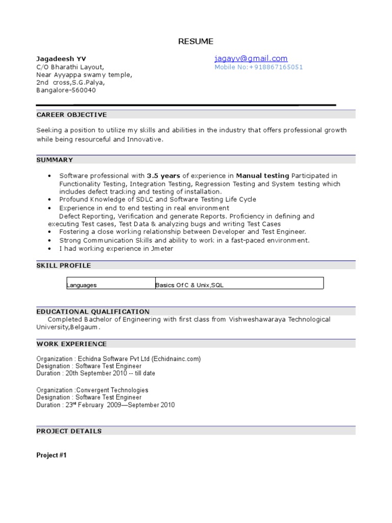 Jagadeesh YV - Software Test Engineer Resume | PDF | Application ...