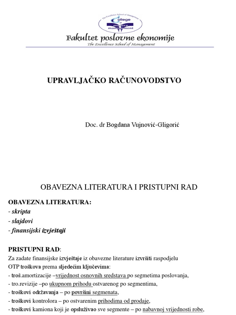 Upravljacko Racunovodstvo Prezentacija | PDF