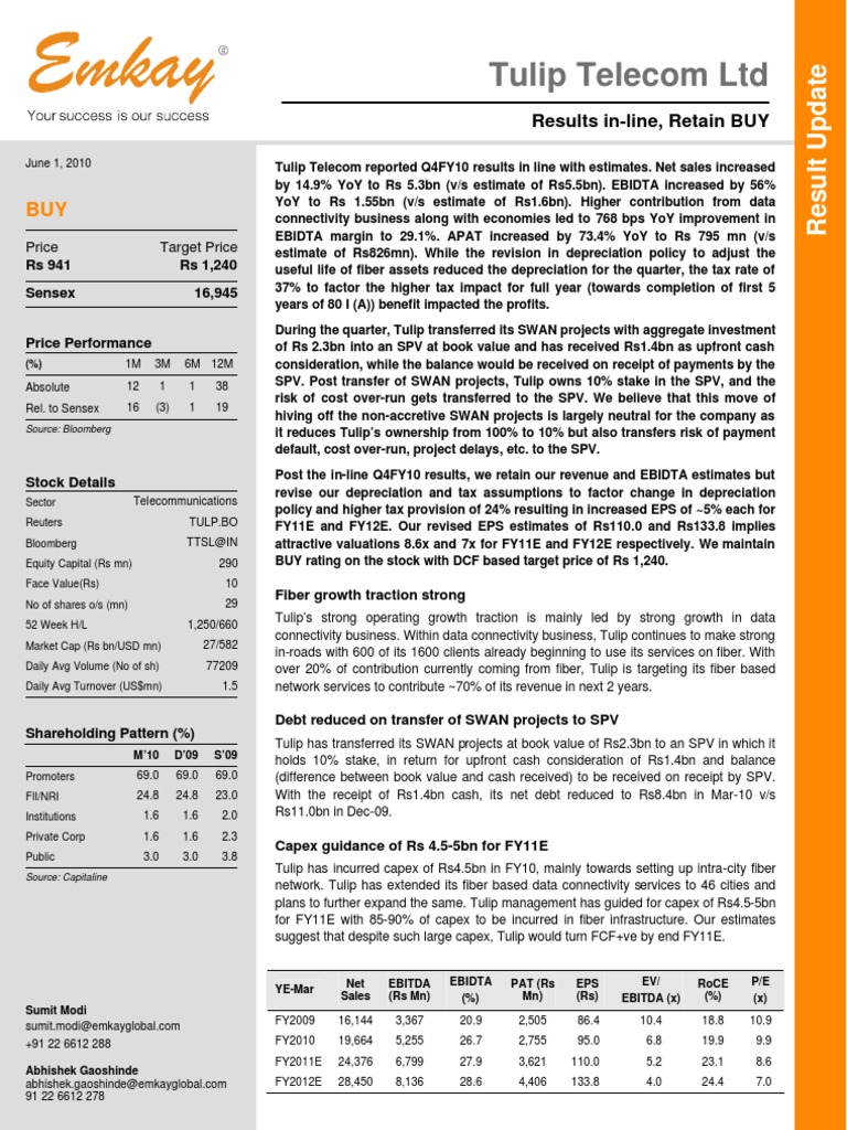 Tulip Telecom LTD: Results In-Line, Retain BUY | PDF | Depreciation ...