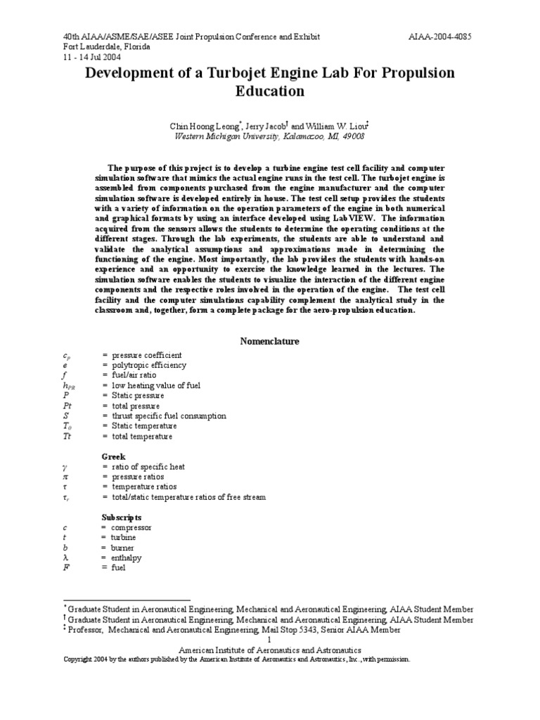 Development of A Turbojet Engine Lab For Propulsion Education | PDF