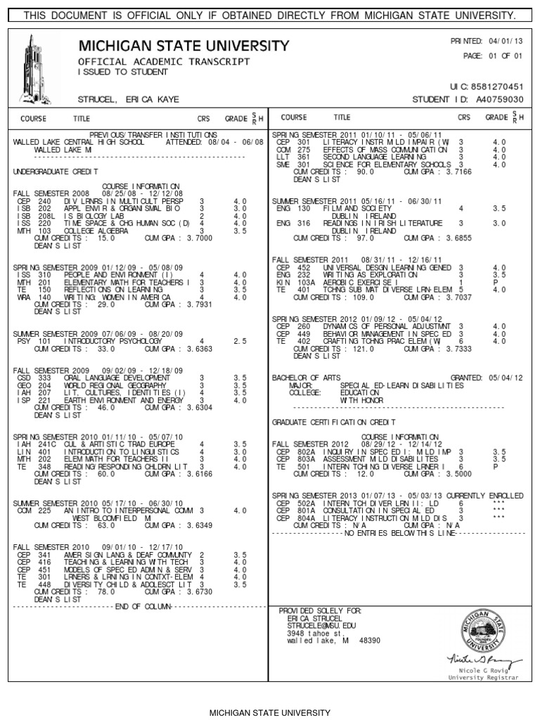 Michigan State University Official Transcript | PDF | Grading ...