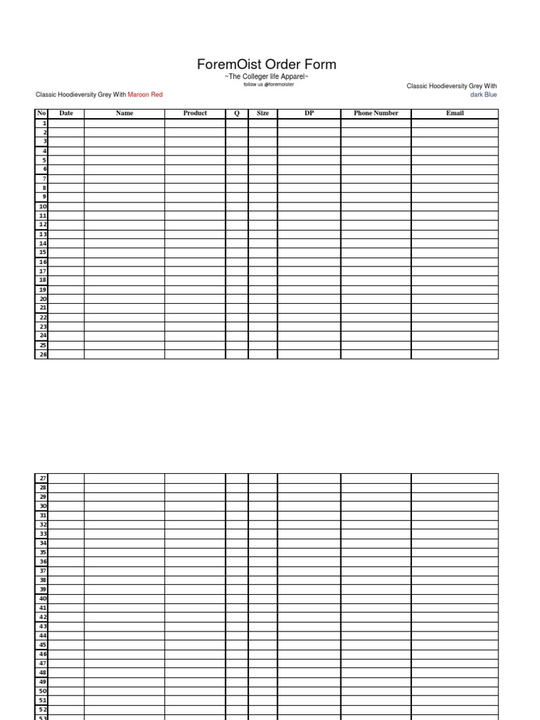 Foremoist Order Form: The Colleger Life Apparel | PDF
