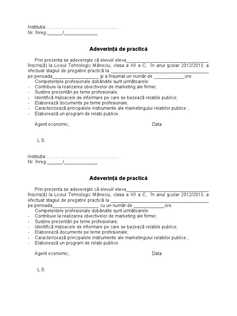 Adeverinta Pentru Efectuarea Stagiului de Practica | PDF