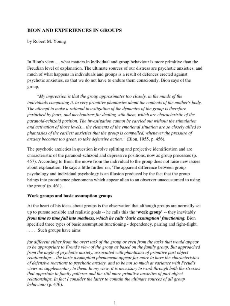 Bion and Experiences in Groups PDF | PDF | Behavioural Sciences ...