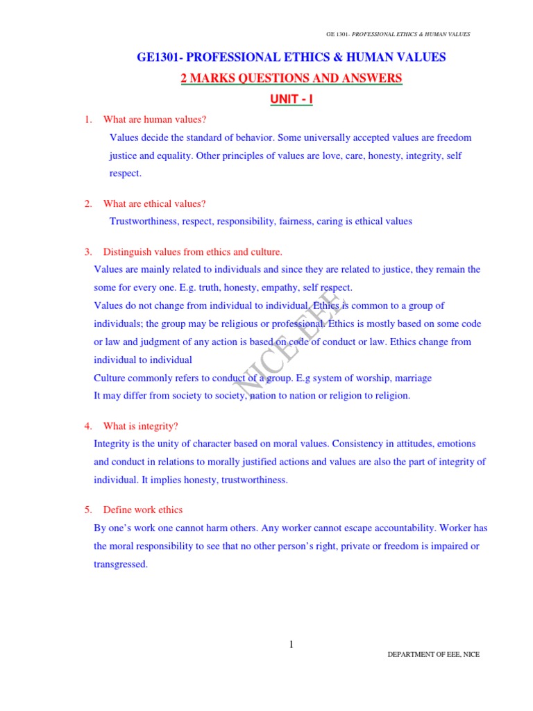 Ge1301-Professional Ethics & Human Values: 2 Marks Questions and ...