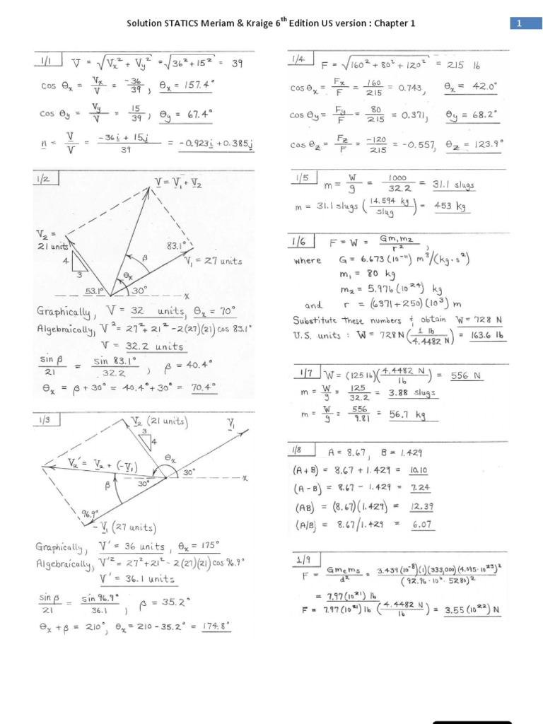 Solution Statics Meriam 6th Chapter01 For Print | PDF