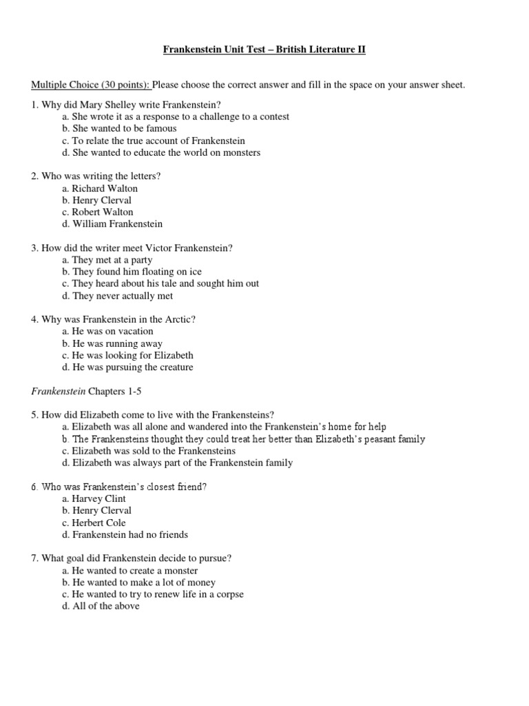 Frankenstein Unit Test - British Literature II | PDF | Frankenstein