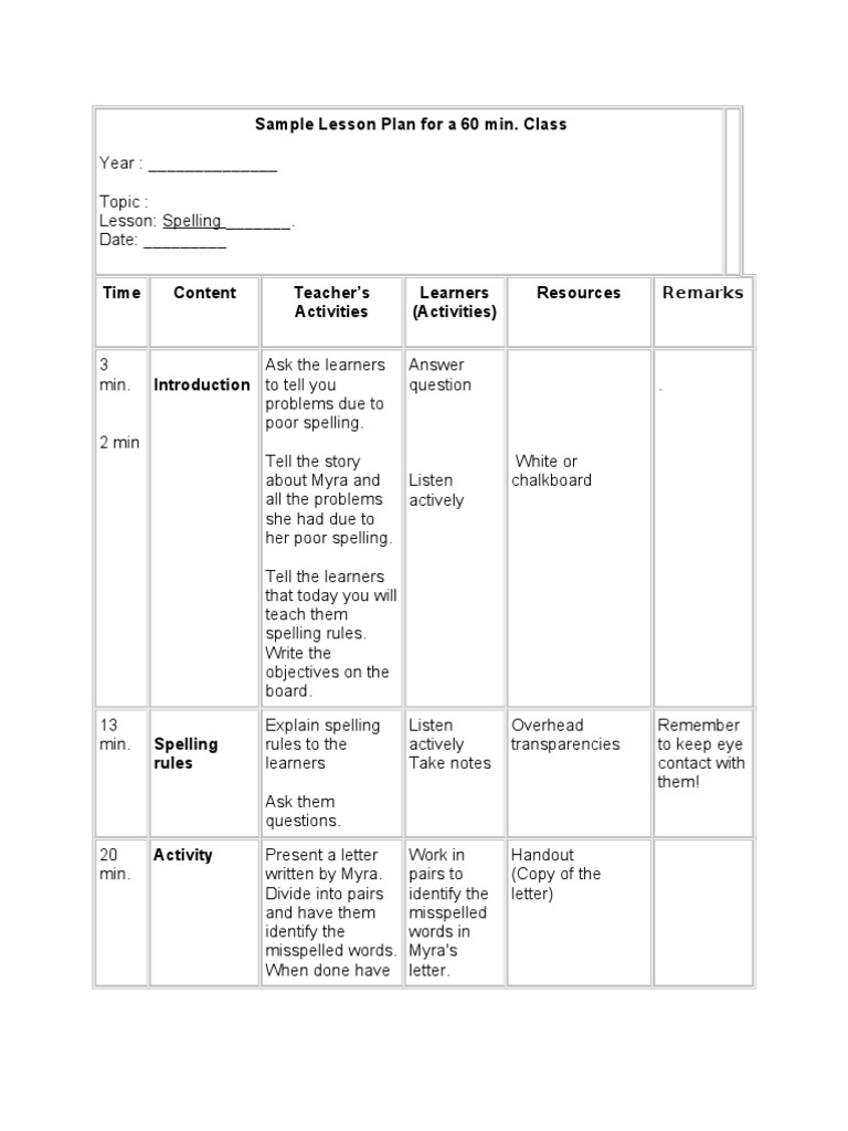Sample Lesson Plan For A 60 Min Full | PDF