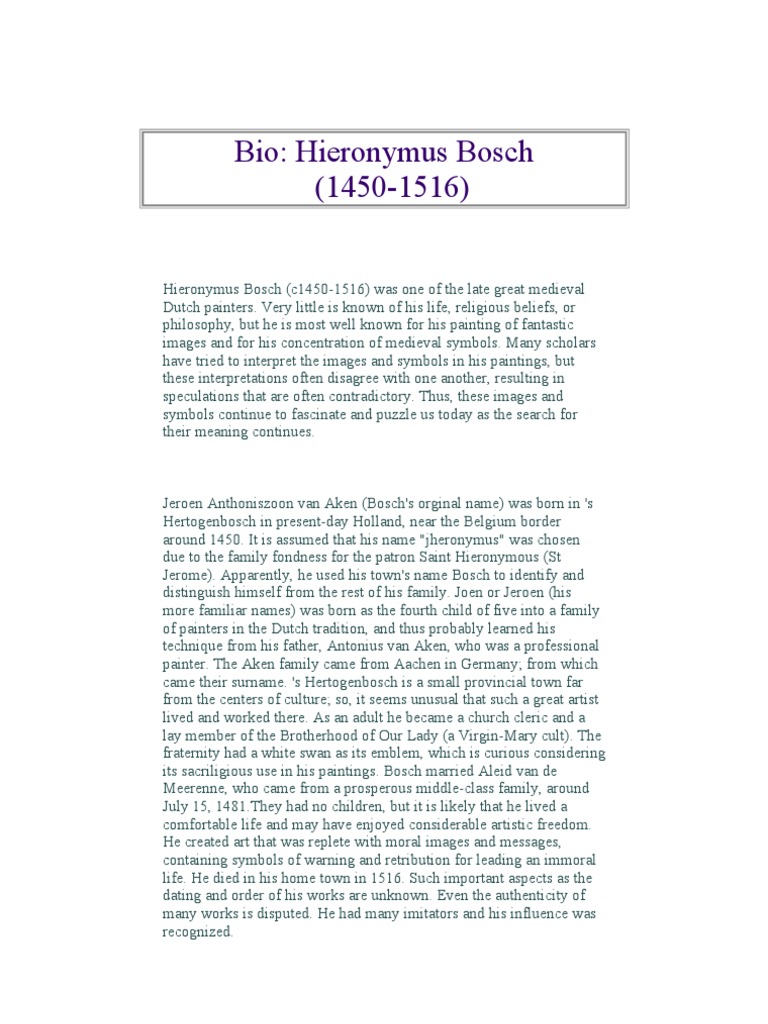 Hieronymus Bosch: Life and Legacy | PDF | Religion And Belief | Paintings